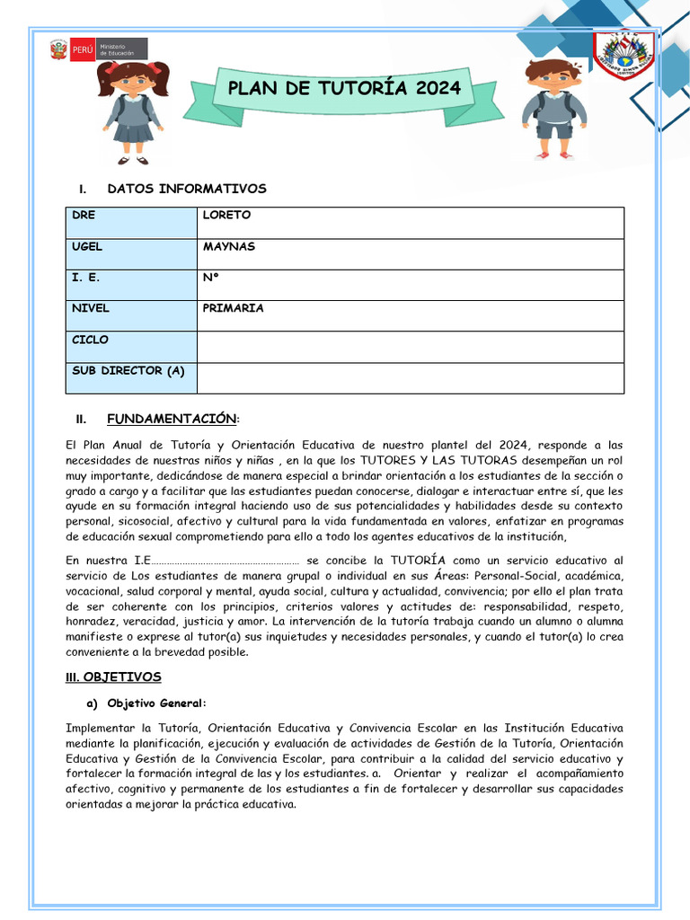 Plan de Tutoría-2024 | PDF | Maestros | Escuelas