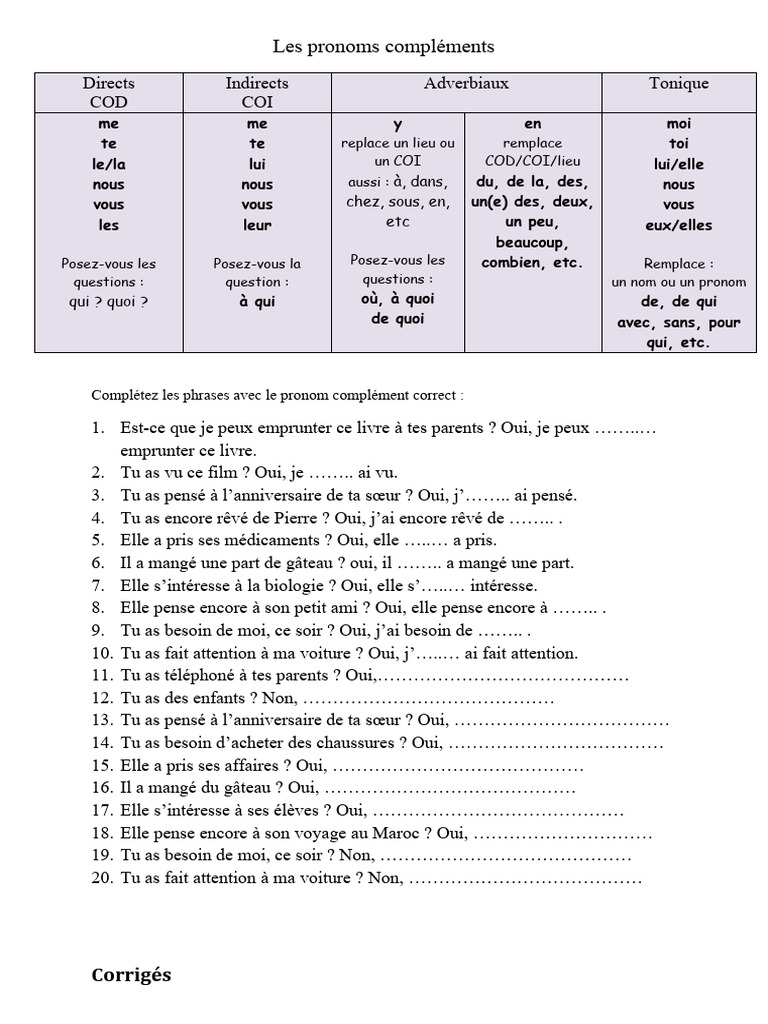 Les Pronoms Complements Exercice Grammatical Feuille Dexercices ...
