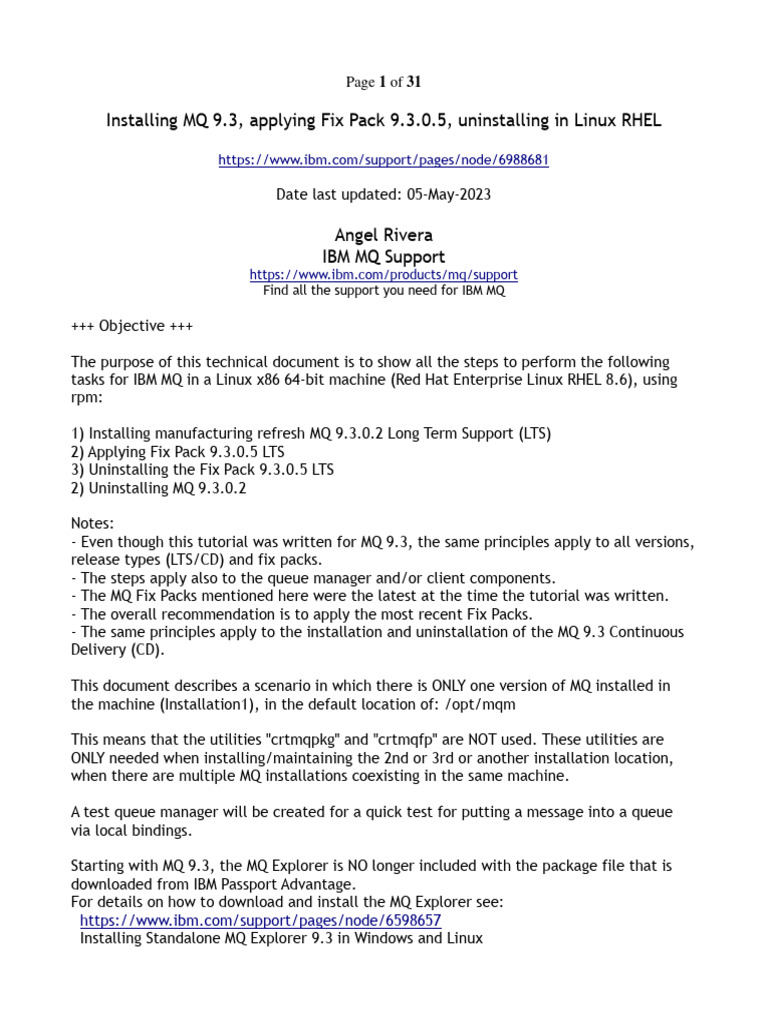 Installing MQ 9.3, Applying Fix Pack 9.3.0.5, Uninstalling in Linux RHEL | PDF | Computing ...