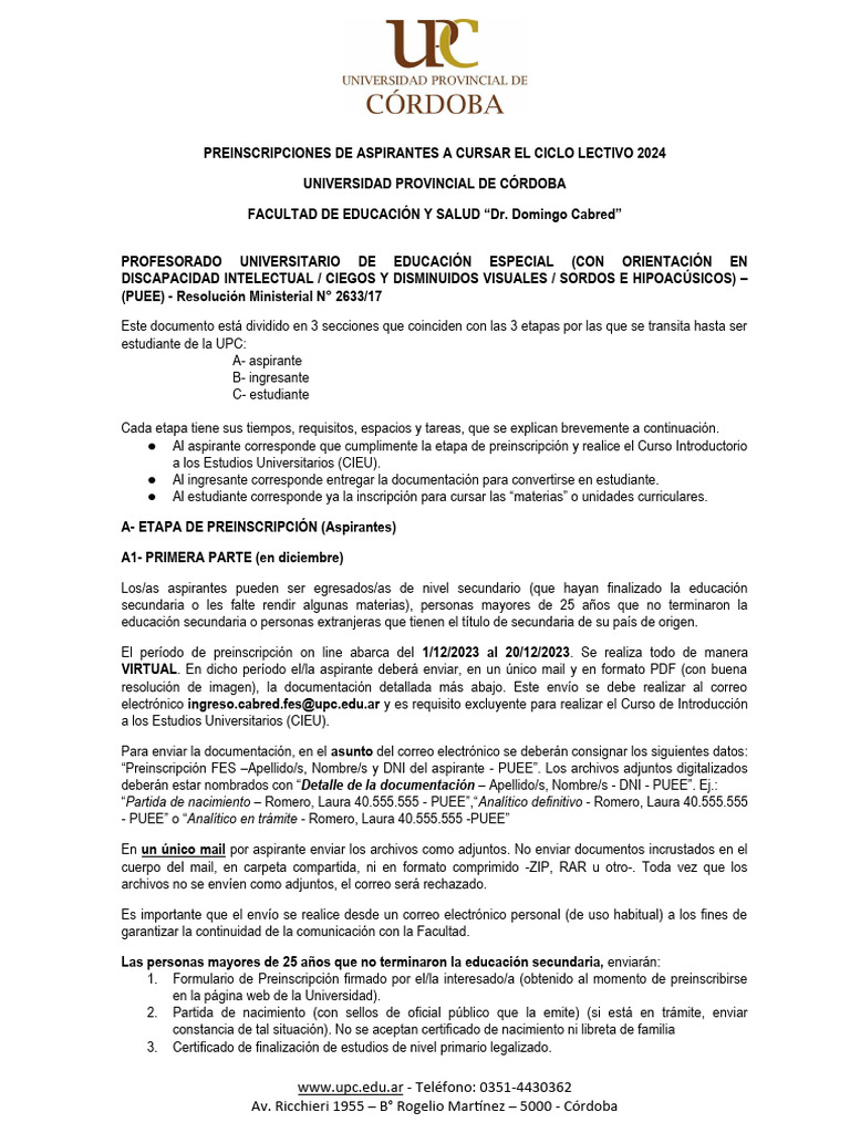 PUEE 25A Procedimiento de Preinscripción FES - Ciclo 2024 Publicado | PDF | Certificado de ...