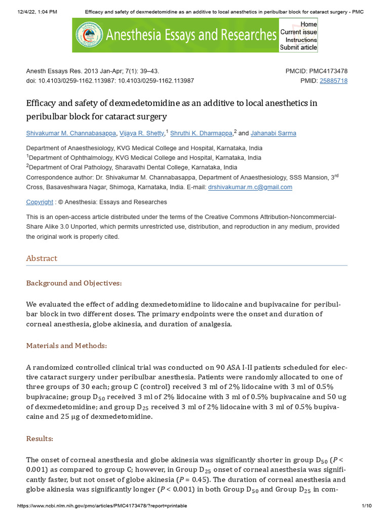 Efficacy and Safety of Dexmedetomidine As An Additive To Local ...