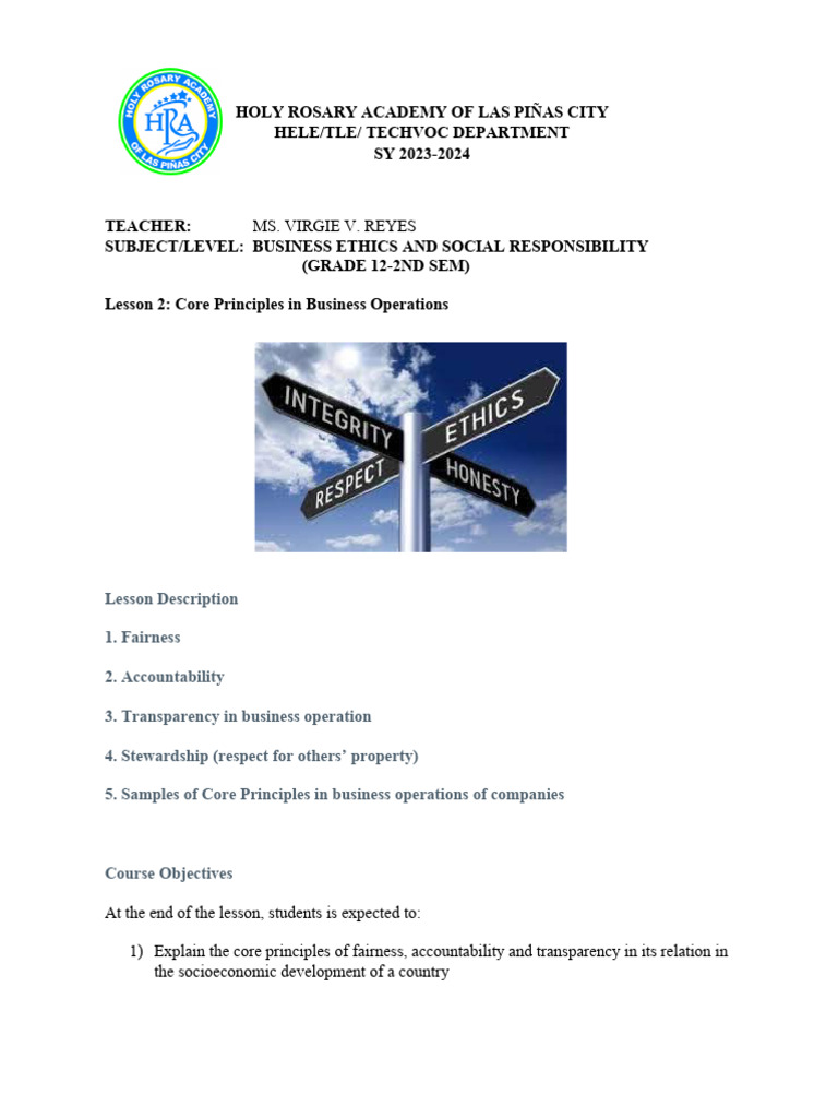 BUSINESS ETHICS - GR 12 - 2nd Sem - 3RD QTR HANDOUTS - LESSON 2 SY2023 ...