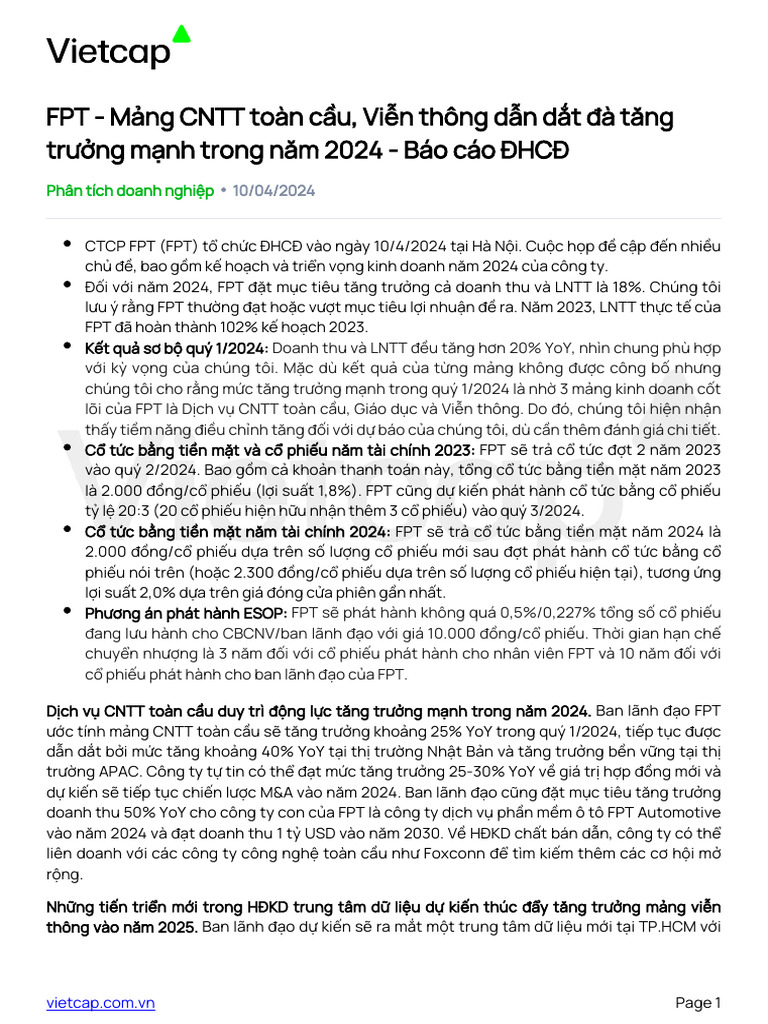 FPT Mang CNTT Toan Cau Vien Thong Dan Dat Da Tang Truong Manh Trong Nam 2024 Bao Cao DHCD | PDF