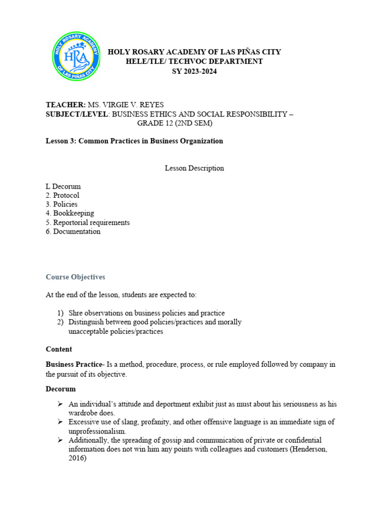 BUSINESS ETHICS - GR 12 - 2nd Sem - 3RD QTR HANDOUTS - LESSON 3 SY2023 ...