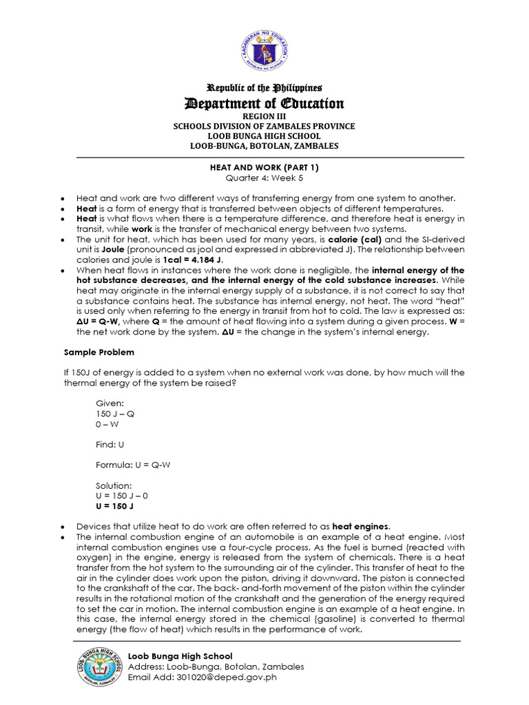 Sci 9 Handouts Heat and Work With Activity | PDF | Engines | Heat