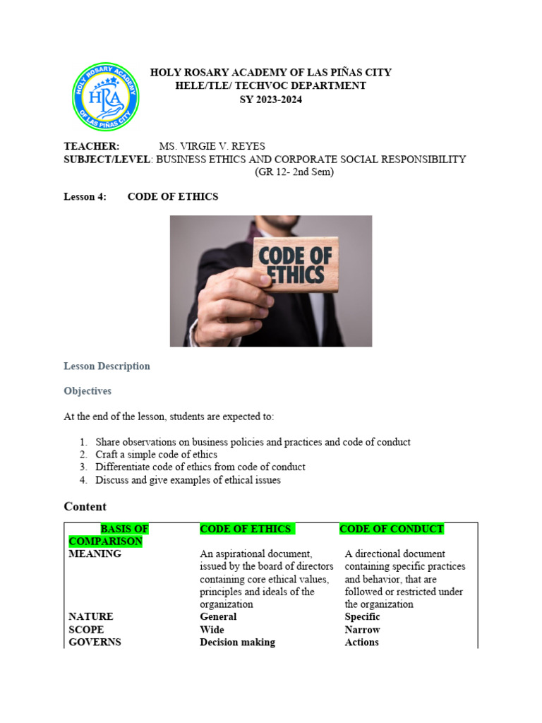 BUSINESS ETHICS - GR 12 - 2nd Sem - 3RD QTR HANDOUTS - LESSON 4 SY2023 ...