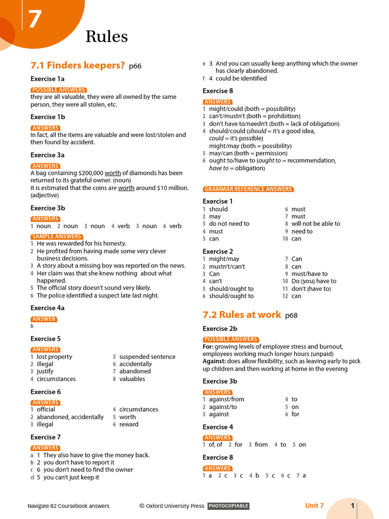 Navigate b2 Coursebook Unit 7 Answer Key | PDF
