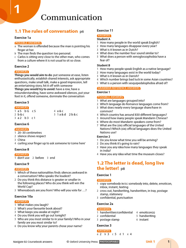 navigate_b2_coursebook_unit_1_answer_key | PDF | Human Communication