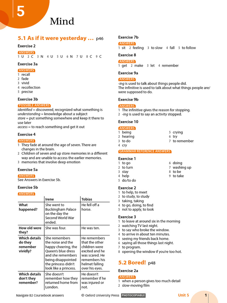 Navigate b2 Coursebook Unit 5 Answer Key | PDF | Lateralization Of Brain Function | Cognition