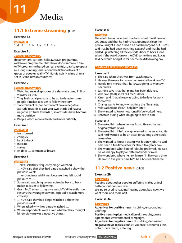 Navigate B2 Coursebook Unit 11 Answers | PDF | Verb | News