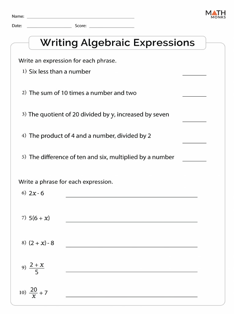 Writing Algebraic Expressions Worksheet | PDF