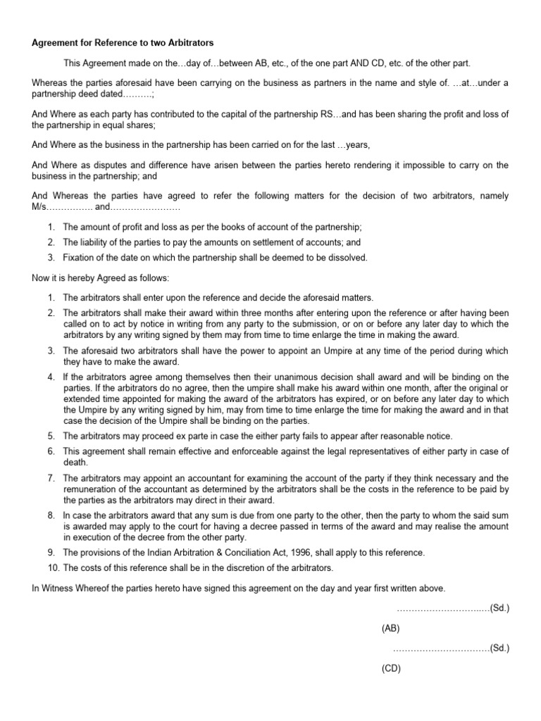 Agreement For Reference To Two Arbitrators | PDF | Partnership ...