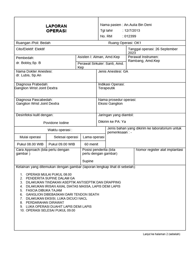 Laporan Operasi Eksisi Ganglion | PDF