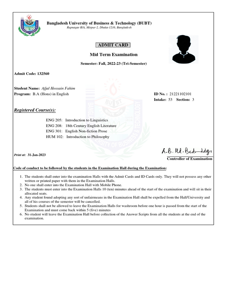 Admit Card Mid Term Examination: Bangladesh University of Business & Technology (BUBT) | PDF