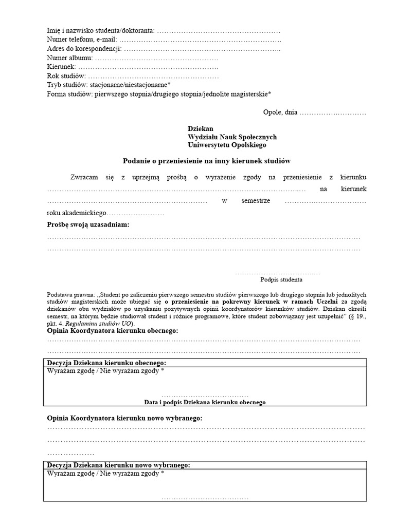 Podanie o Przeniesienie Na Inny Kierunek | PDF