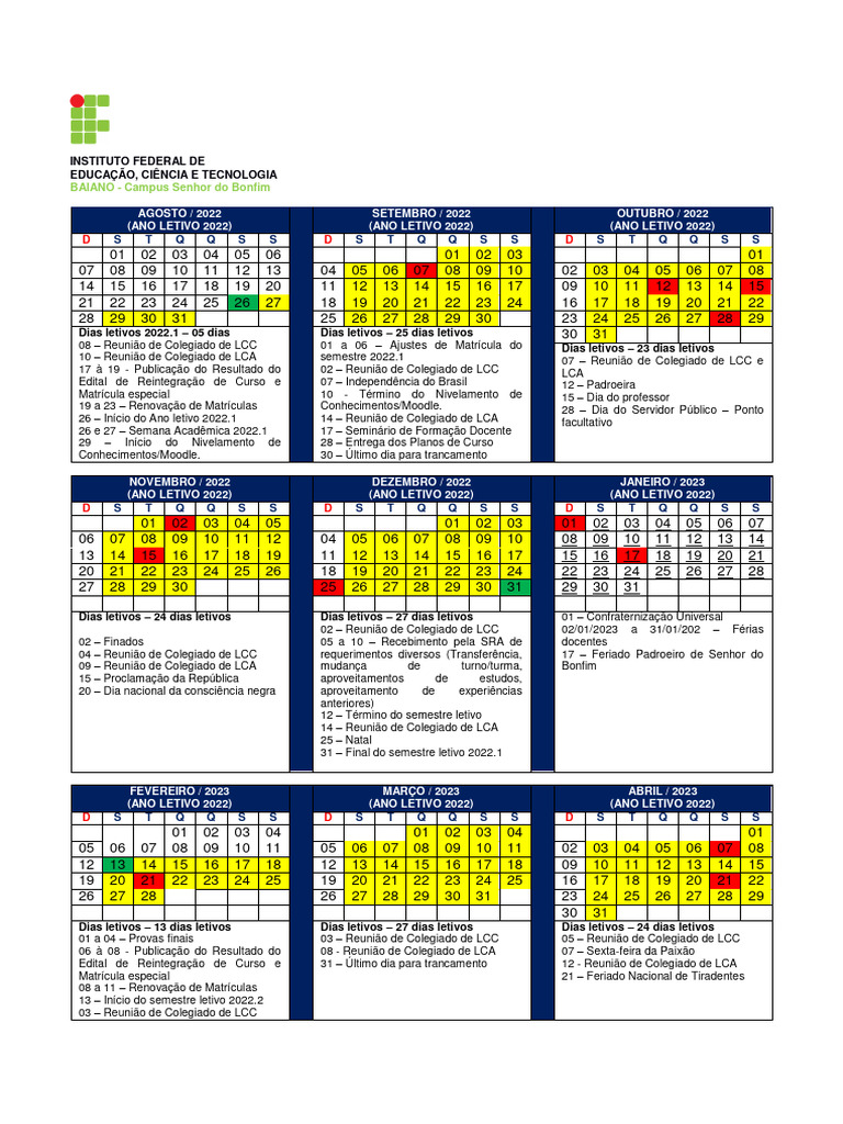 Calendário Letivo IF Baiano 2022-2024 | PDF