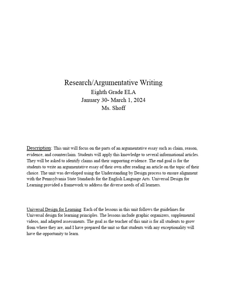 Research Unit Plan - Malyn Shoff 1 | PDF | Essays | Argument