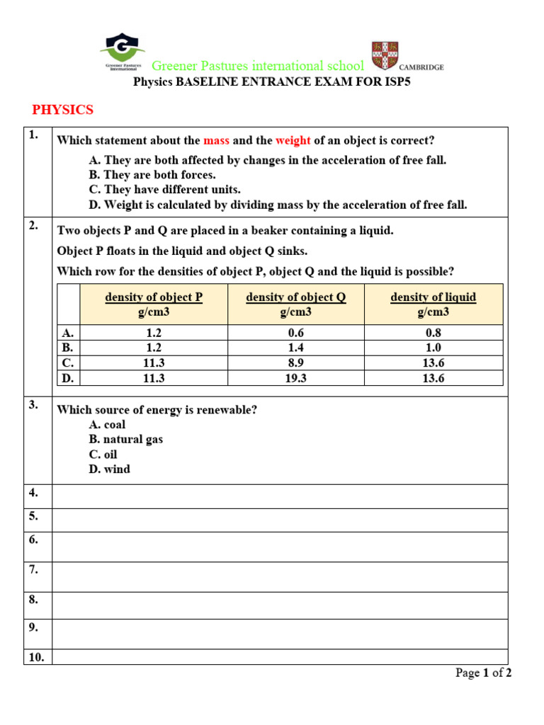 Baseline Phys Entrance Exam Grade 11 2024-2025 - NINGO | PDF