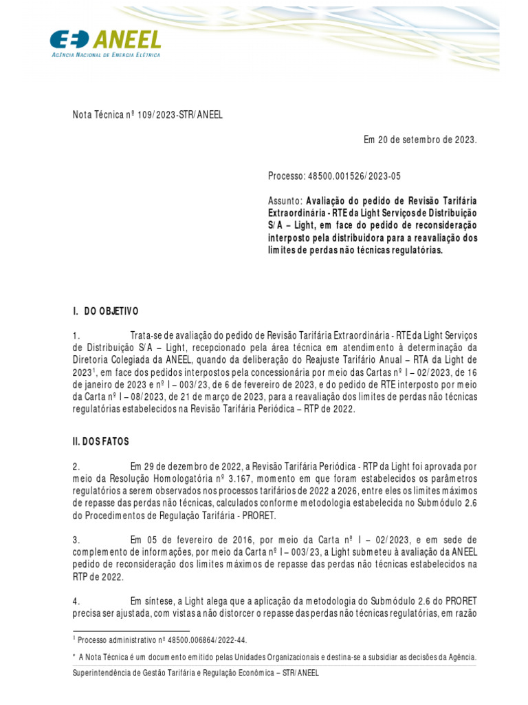 Nota Tecnica N 109 - 2023 - STR Aneel | PDF | Economias