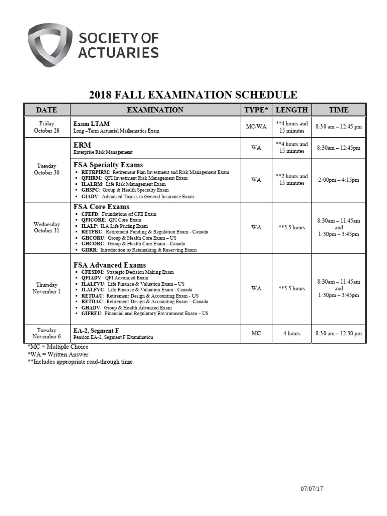 2018 Fall Examination Schedule | PDF | Risk Management | Enterprise ...