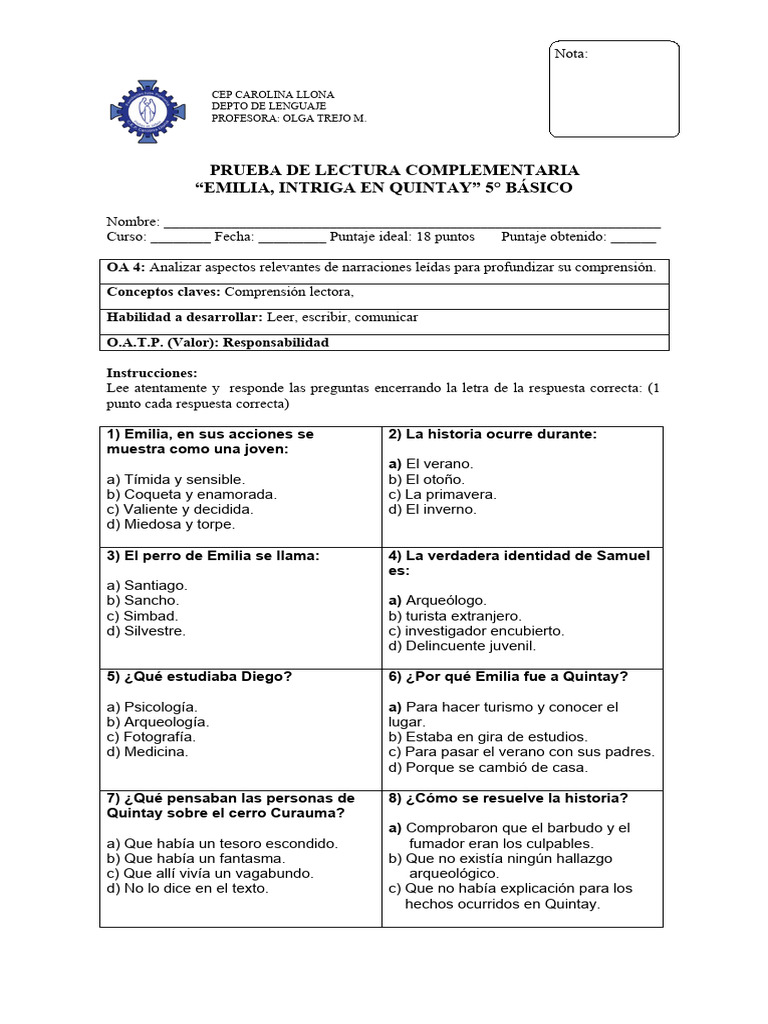 Prueba de Lectura: "Emilia, Intriga en Quintay" | PDF