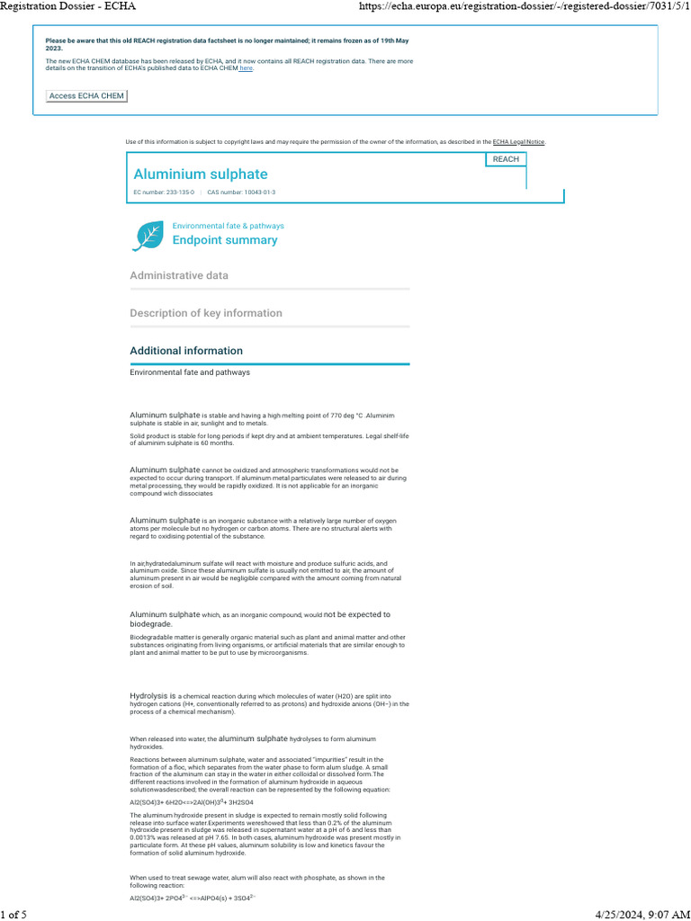 Registration Dossier - ECHA Aluminum Sulfate | PDF | Hydroxide | Soil