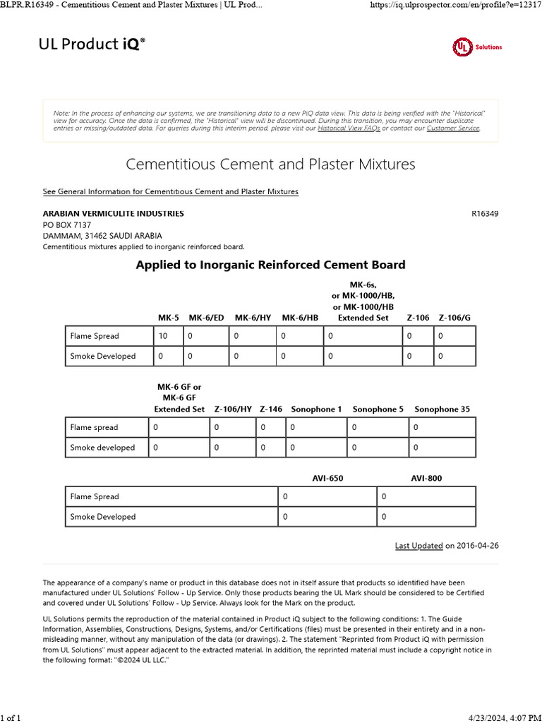 BLPR.R16349 - Cementitious Cement and Plaster Mixtures UL Product Iq | PDF | Cement | Computing