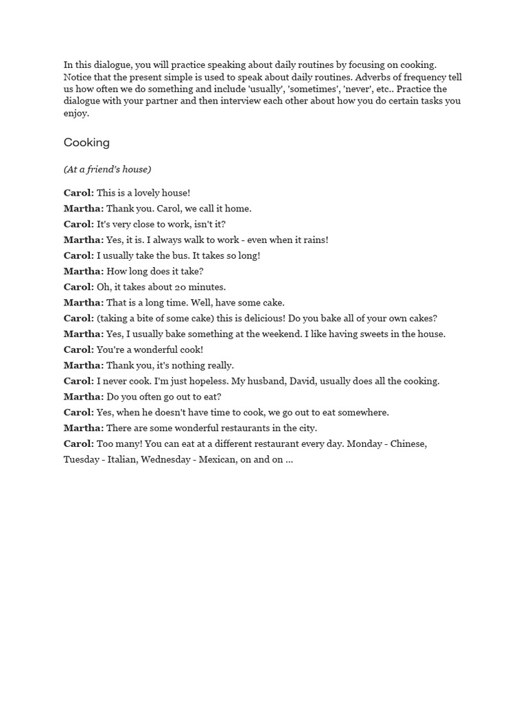 Daily Routines Cooking Dialogue Pdf
