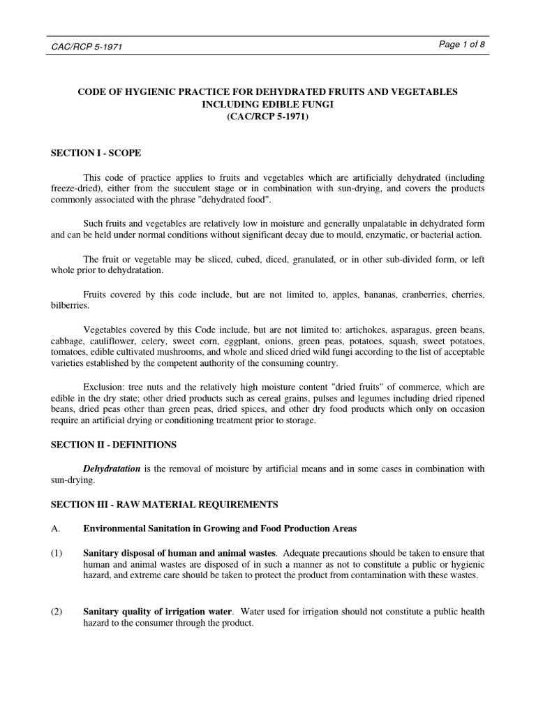 Code of Hygienic Practice For Dehydrated Fruits and Vegetables ...
