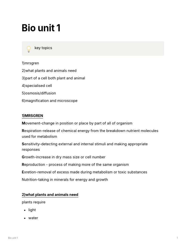 Biology Unit 1: Key Concepts Overview | PDF | Cell (Biology) | Osmosis