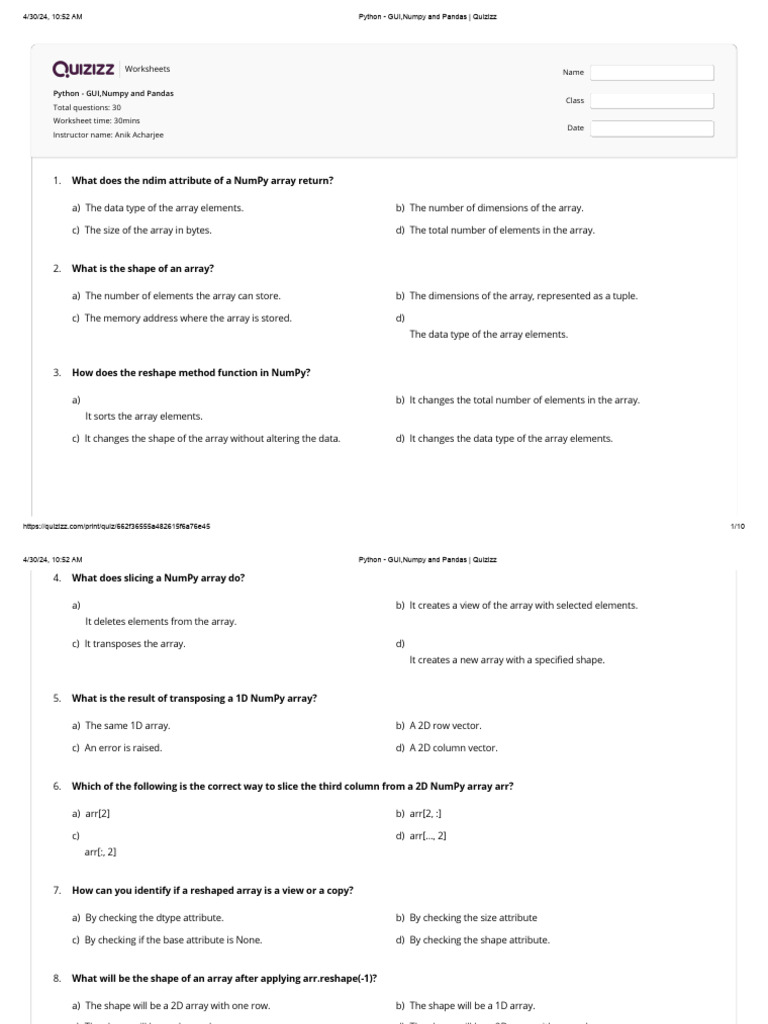 Python Gui Numpy And Pandas Quizizz Pdf Computer Programming Computing 7706