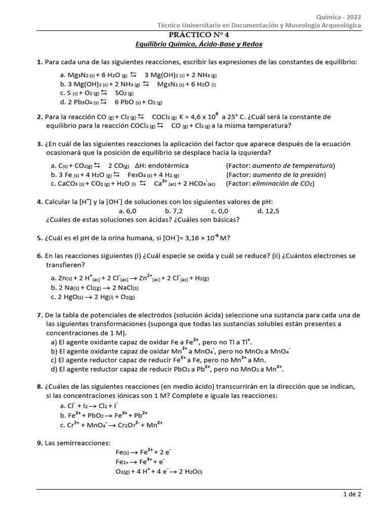 Química: Práctico de Equilibrio y Redox | PDF | Redox | Equilibrio químico