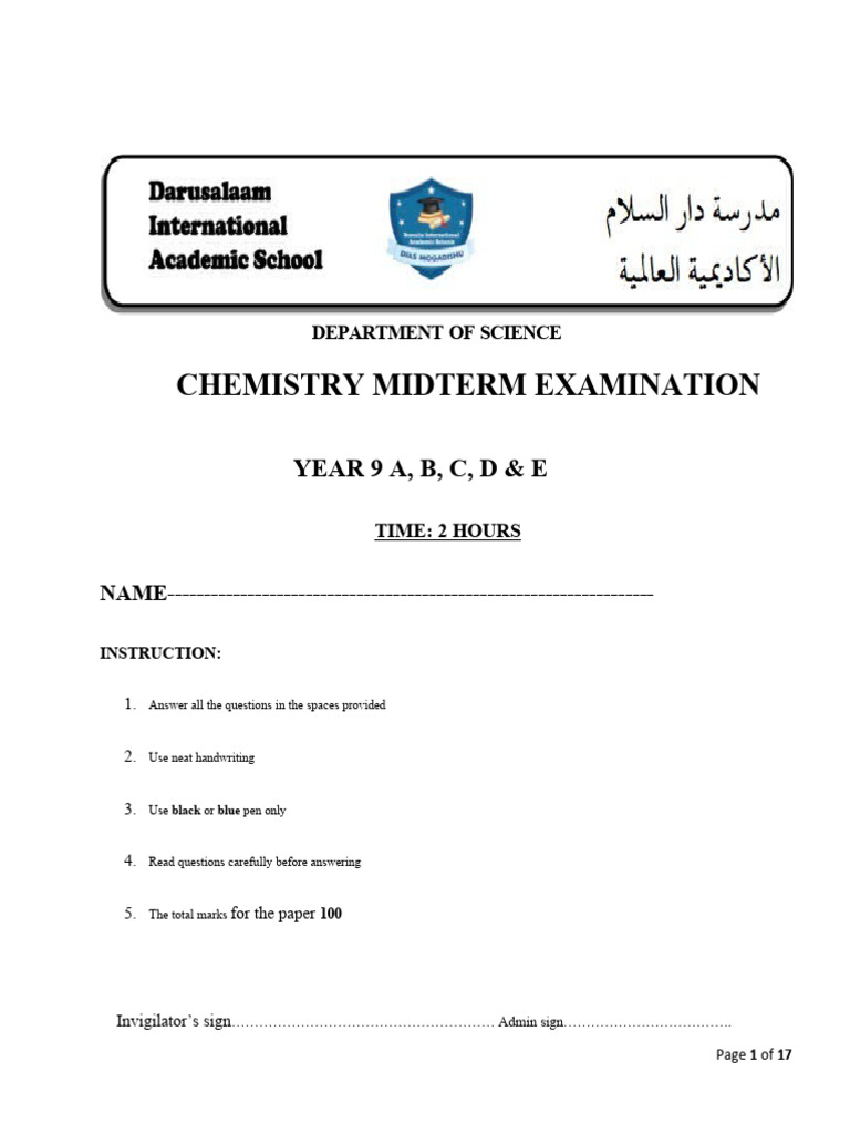 Year 9 Chemistry Midterm Exam Guide | PDF | Acid | Sodium Chloride