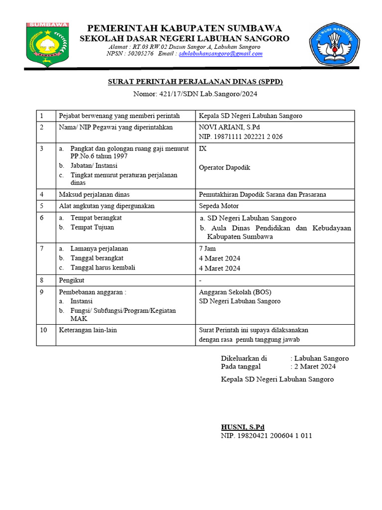 Contoh SPPD untuk Sekolah Dasar | PDF