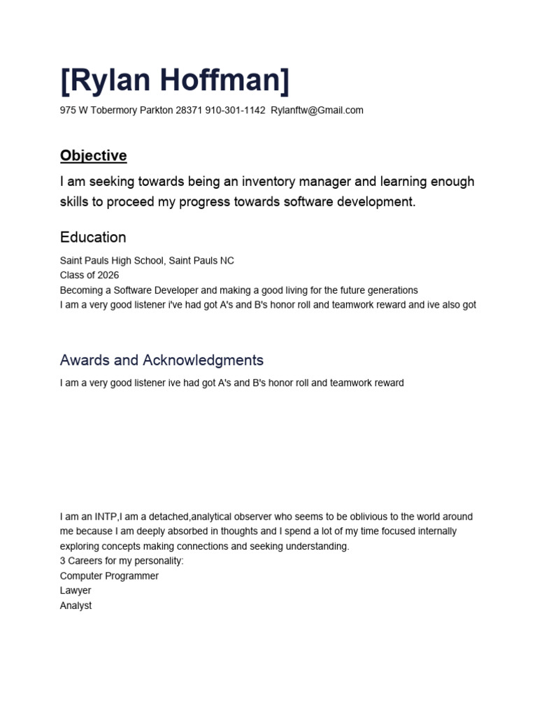 Rylan Hoffman's Career Objective & Skills | PDF | Career & Growth