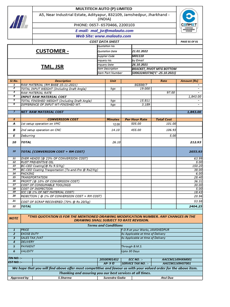 Sheet Metal Costing Template in Excel | PDF | Taxes | Industrial Processes