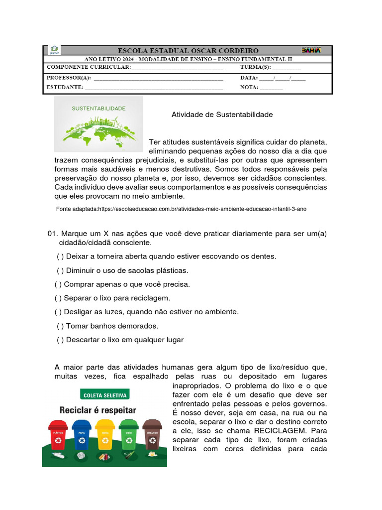 Avaliação de Suste PDF | PDF | Desperdício | Aquecimento global e ...