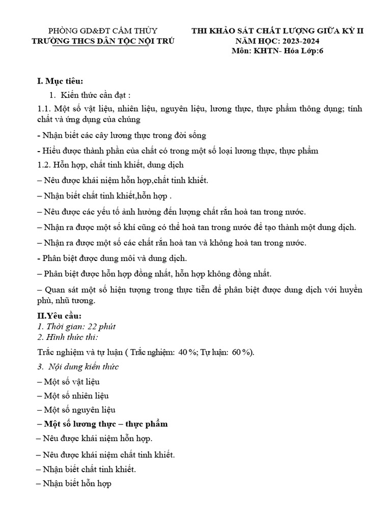 Đề Thi Định Kỳ Gkii-2023-2024-Dtnt- Khtn- Hóa 6 | PDF