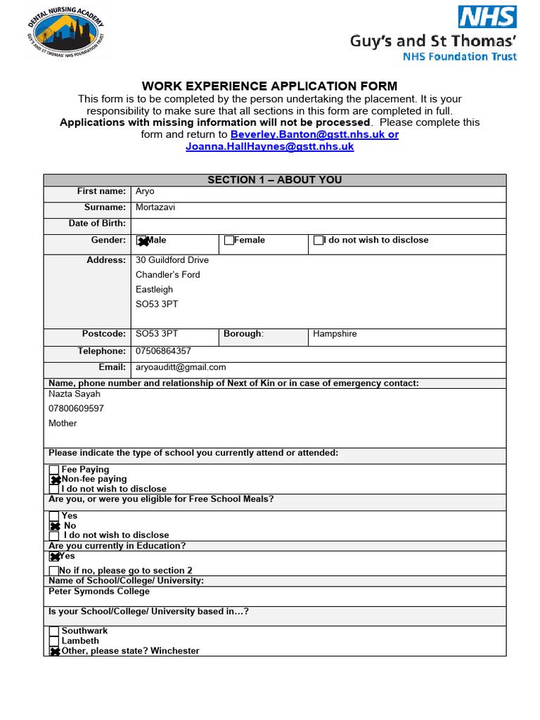 Work Experience Application Form | PDF | Dentistry | Occupational ...