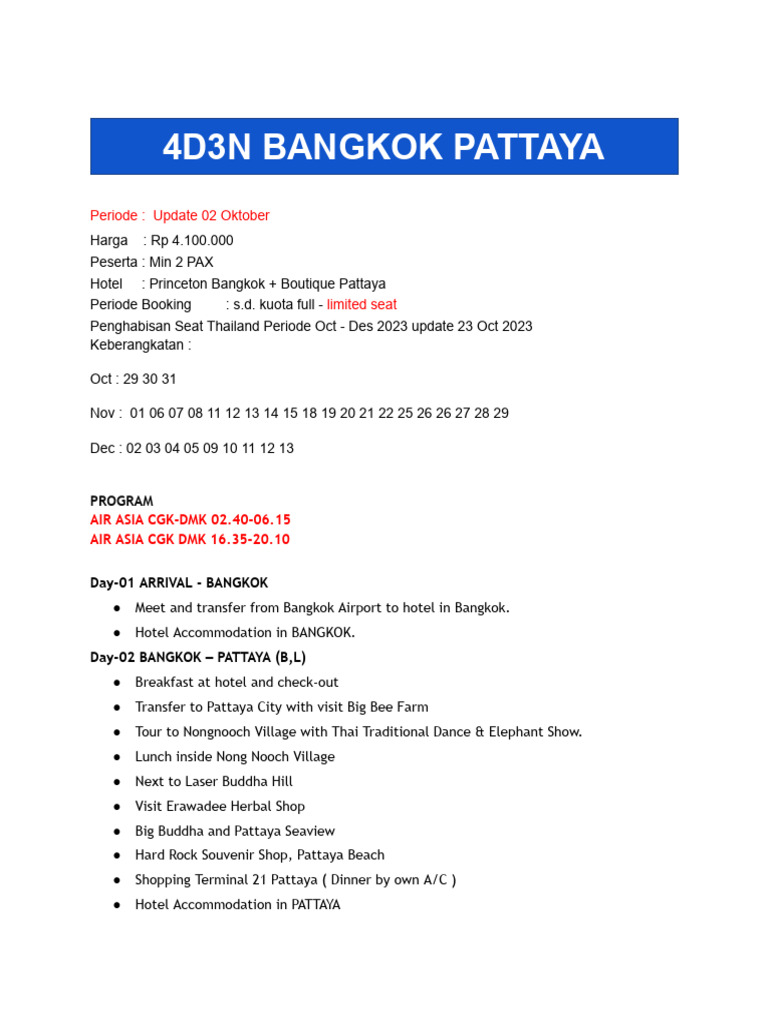 4D3N Bangkok Pattaya Tour Package | PDF