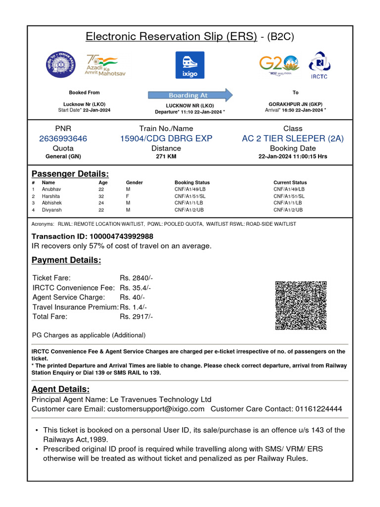 Electronic Reservation Slip (ERS) : 2636993646 15904/CDG DBRG EXP Ac 2 ...