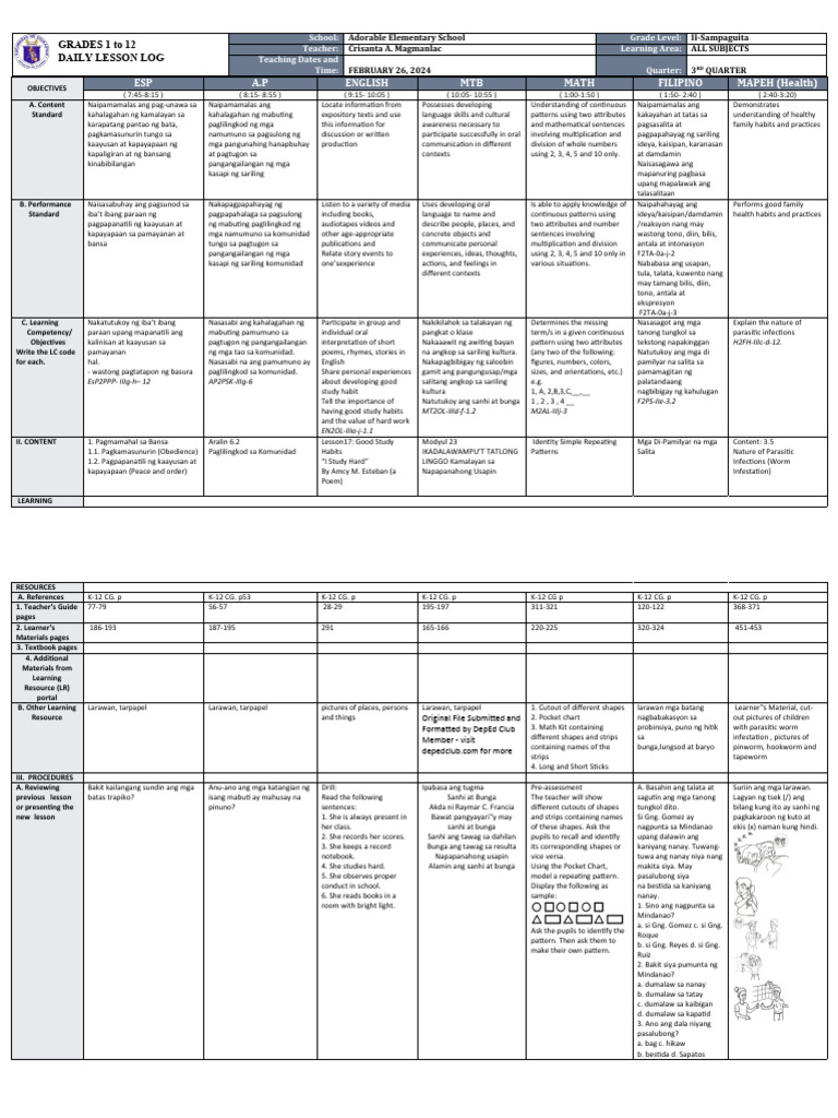 ESP A.P English MTB Math Filipino MAPEH (Health) : GRADES 1 To 12 Daily ...
