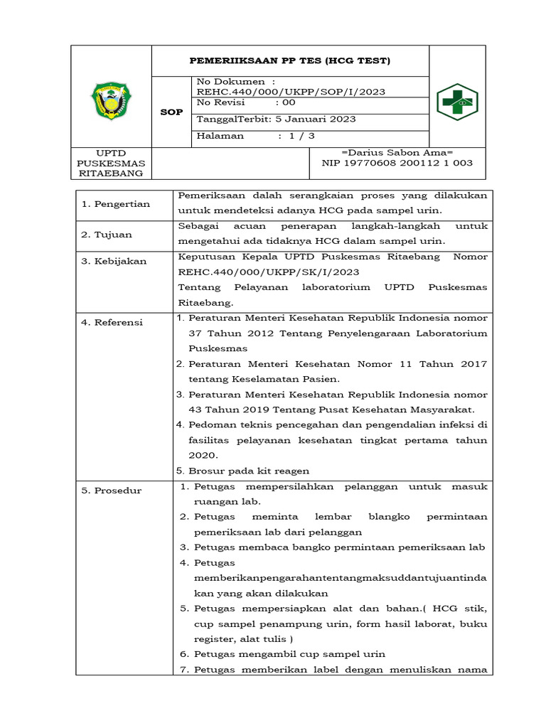 Sop Pemeriksaan HCG | PDF