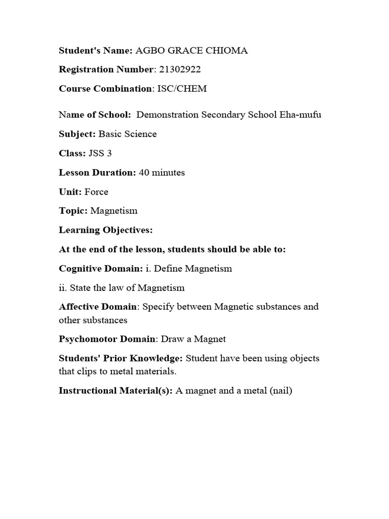 AGBO GRACE CHIOMA | PDF | Magnetism | Magnet