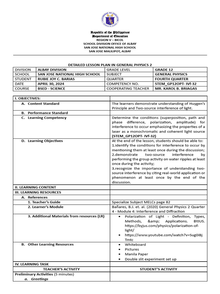 LESSON PLAN - Fourth Quarter - 5 - Two-Source Interference (FINAL DEMO) | Download Free PDF ...