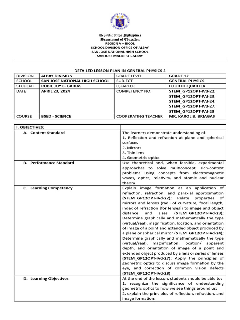 LESSON PLAN - Fourth Quarter - 4 - Geometric Optics | PDF | Refraction ...