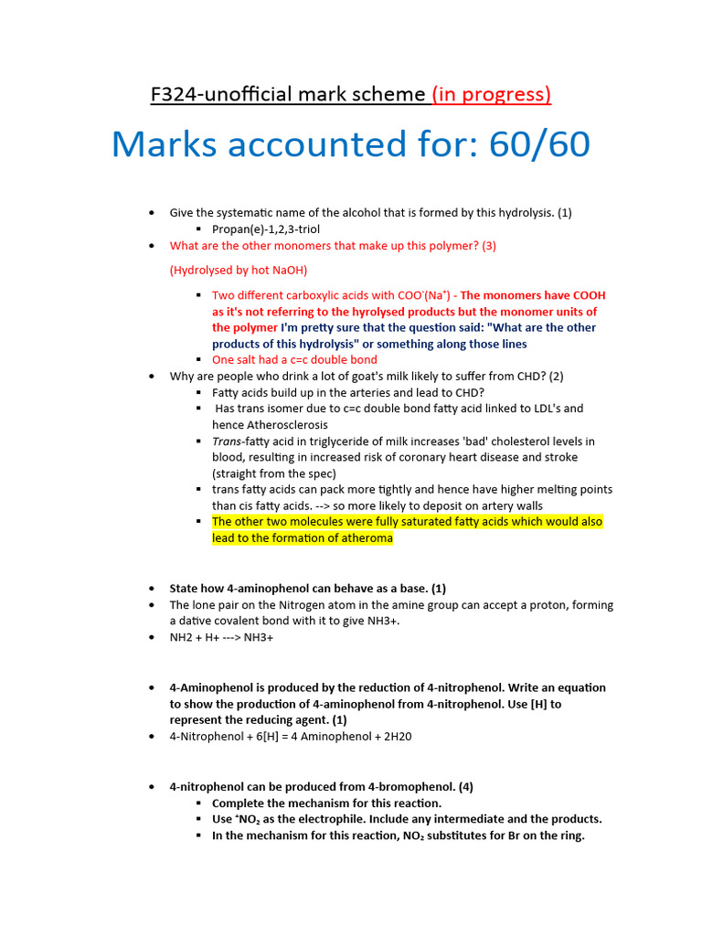 F324 June 2013 Unofficial Mark Scheme | PDF | Chemical Reactions | Fatty Acid