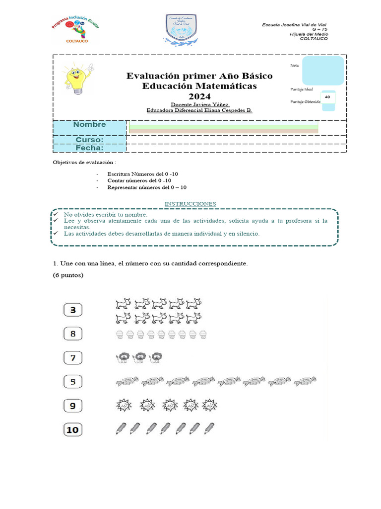 Prueba Numeros Del 1 Al 10 Primero Basico | PDF