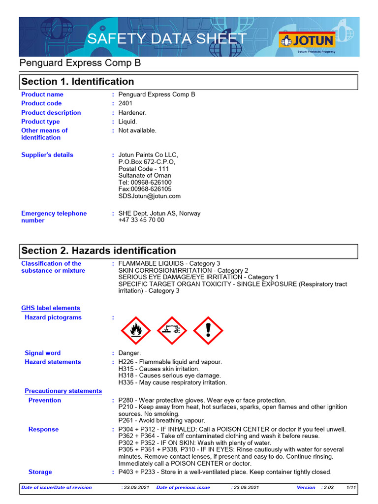 SDS 2401 Penguard Express Comp B Euk OM | PDF | Toxicity | Waste Management