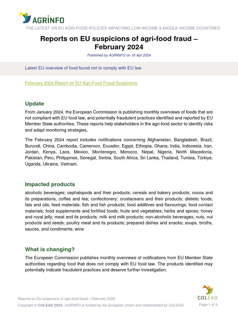 Reports On Eu Suspicions of Agri Food Fraud February 2024 | PDF | Foods | European Union
